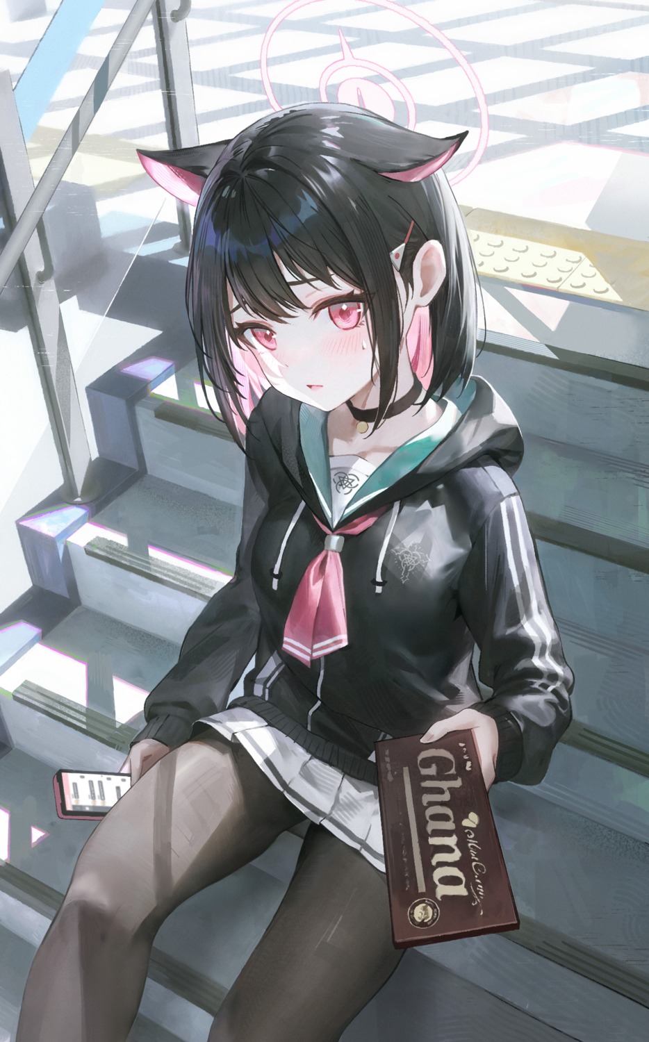 ikkia blue archive kyouyama kazusa animal ears halo nekomimi pantyhose seifuku valentine ...